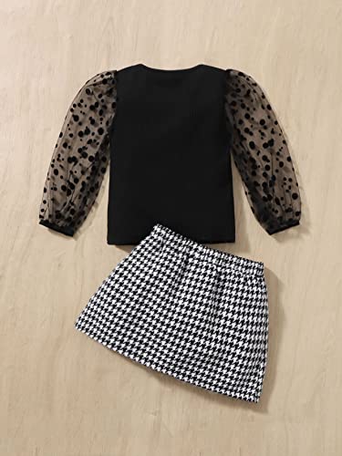 WDIRARA Toddler Girl's 2 Piece Outfits Polka Dots Mesh Top and Houndstooth Print Skirt Set Black and White 6-9M