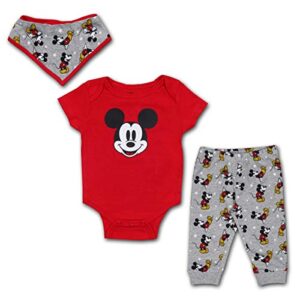 disney mickey mouse boys’ short sleeve bodysuit, bib and joggers set for newborn – red/grey or blue/grey