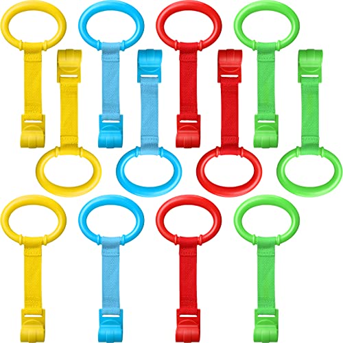 12 Pieces Baby Pull Up Rings Baby Crib Pull Rings 4 Color Baby Cot Hanging Rings Baby Walking Assistant Baby Walking Crib Hook Safety Toddler Pull Up Bar for Baby Infant Toddler