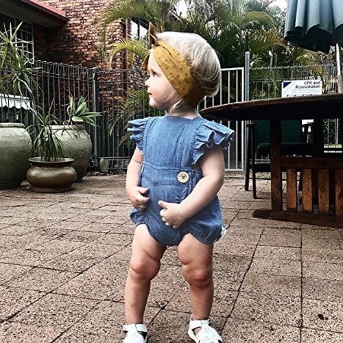 Calsunbaby Infant Baby Girls One Piece Short Sleeve Ripped Demin Jeans Ruffle Romper Sunsuit Outfits Jumpsuit (Z#Blue, 18-24 Months)