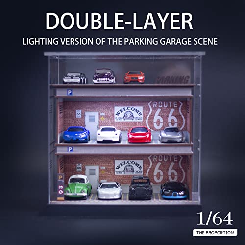 SIKIVOT Double Deck Garage Display Case， 1/64 Scale Parking Lot Model Car， Die-cast Car Garage Display Case，12 Parking Space with LED Light and Acrylic Cover (7642 Red Brick Wall)