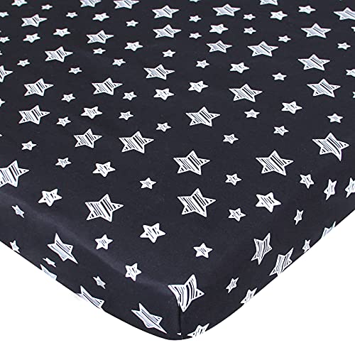 Pack and Play Sheets Fitted Boy, Mini Crib Sheets fits 39"x 27"x 5" Graco Playard Playpen, Black Star Print Pack and Play Fitted Sheets for Mini Crib Bedding