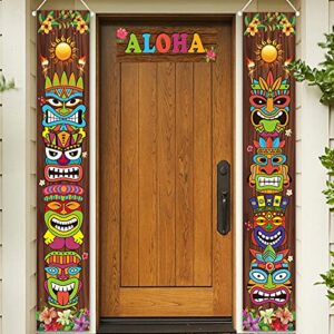 tiki banner luau hawaiian party decorations set tiki totem porch sign for aloha tropical hawaii hibiscus wall hanging decor door banner carnival party jungle background backdrop (tiki luau banner)