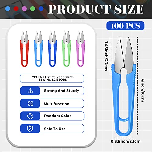 100 Pcs 4" Sewing Scissors for Fabric Cutting Lightweight Yarn Thread Cutter U Shaped Trimming Embroidery Scissors Cross Stitch Thread Snips for Fabric DIY Art Project Household Supplies, Random Color