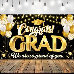 congrats grad we are so proud of you banner – large, 72×44 inch | congrats grad banner for black and gold graduation decorations | graduation banner, black and gold graduation party decorations 2023