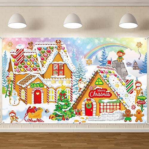 Christmas Gingerbread Photo Backdrop Decoration Sweet Merry Christmas Gingerbread House Banner Santa Candy Background for Christmas Baby Shower Birthday Wall Decorations in 72.8 x 43.3 Inch