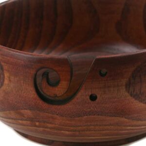 MY MIRONEY 6.69" Wooden Yarn Bowl,Yarn Storage Bowl with Carved Holes & Drills,Wood Yarn Holder for Crocheting and Knitting