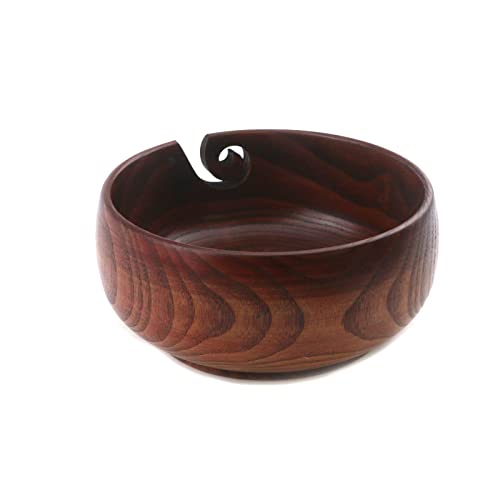 MY MIRONEY 6.69" Wooden Yarn Bowl,Yarn Storage Bowl with Carved Holes & Drills,Wood Yarn Holder for Crocheting and Knitting