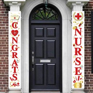 nurse banner decoration set nurse graduation porch sign congrats banner hanging decoration for indoor/outdoor 2020 rn graduation decoration nurse graduation party grad party decoratio (white red)