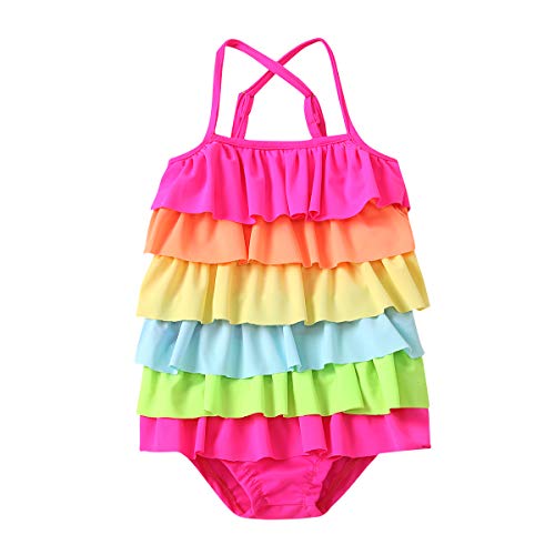 Infant Toddler Girl Swimsuit Rainbow Colorful Romper Sleeveless Bathing Suit Braces Ruched Summer One Piece Set (Rainbow, 4-5T)