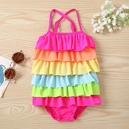 Infant Toddler Girl Swimsuit Rainbow Colorful Romper Sleeveless Bathing Suit Braces Ruched Summer One Piece Set (Rainbow, 4-5T)