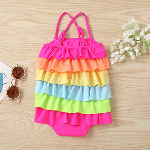 Infant Toddler Girl Swimsuit Rainbow Colorful Romper Sleeveless Bathing Suit Braces Ruched Summer One Piece Set (Rainbow, 4-5T)