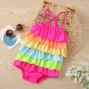 Infant Toddler Girl Swimsuit Rainbow Colorful Romper Sleeveless Bathing Suit Braces Ruched Summer One Piece Set (Rainbow, 4-5T)