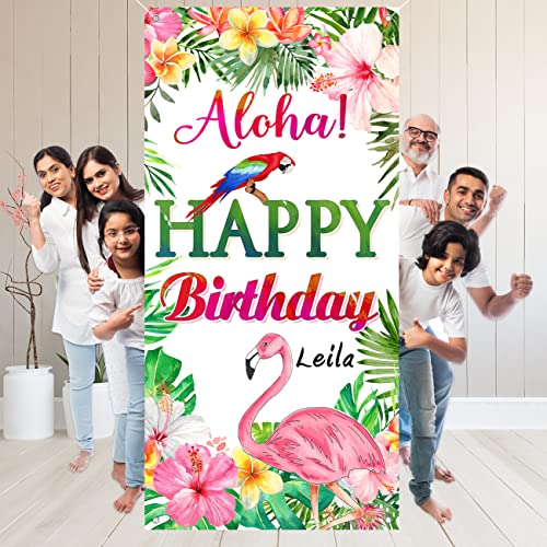 Hawaiian Birthday Banner Luau Tropical Birthday Party Decorations, Aloha Happy Birthday Door Cover Personalized Flamingo Birthday Backdrop for Hawaiian Themed Birthday Party Supplies with A Gift Pen