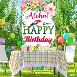 Hawaiian Birthday Banner Luau Tropical Birthday Party Decorations, Aloha Happy Birthday Door Cover Personalized Flamingo Birthday Backdrop for Hawaiian Themed Birthday Party Supplies with A Gift Pen