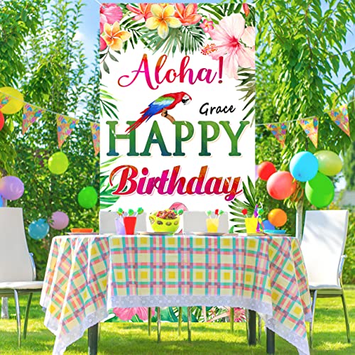 Hawaiian Birthday Banner Luau Tropical Birthday Party Decorations, Aloha Happy Birthday Door Cover Personalized Flamingo Birthday Backdrop for Hawaiian Themed Birthday Party Supplies with A Gift Pen