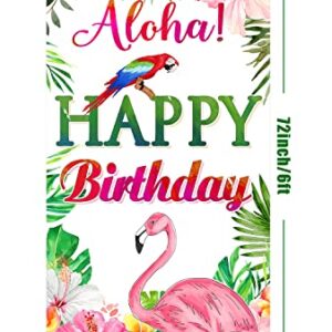 Hawaiian Birthday Banner Luau Tropical Birthday Party Decorations, Aloha Happy Birthday Door Cover Personalized Flamingo Birthday Backdrop for Hawaiian Themed Birthday Party Supplies with A Gift Pen