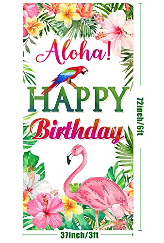 Hawaiian Birthday Banner Luau Tropical Birthday Party Decorations, Aloha Happy Birthday Door Cover Personalized Flamingo Birthday Backdrop for Hawaiian Themed Birthday Party Supplies with A Gift Pen