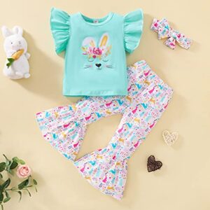 Toddler Girl Easter Clothes Outfits Fly Sleeve Rabbit Shirt Top Colorful Bunny Bell-Bottoms Headband 3Pcs Set (Green Print Rabbit, 18-24 Months)