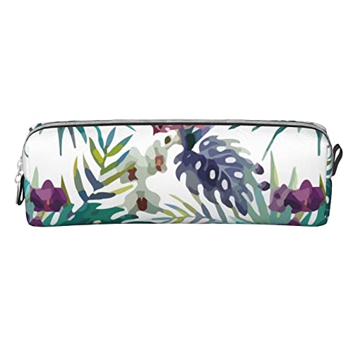 allgobee Pu Leather Pencil Bag Pen Case Topical-Hawaii-Watercolor-Orchid-Flowers-Pineapple Students Stationery Pouch Pencil Holder Desk Organizer