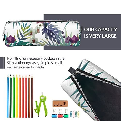 allgobee Pu Leather Pencil Bag Pen Case Topical-Hawaii-Watercolor-Orchid-Flowers-Pineapple Students Stationery Pouch Pencil Holder Desk Organizer