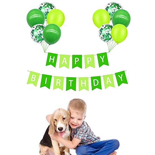 Pargleev Happy Birthday Banner Green, Boys Girls Birthday Large Hanging Bunting Confetti Balloons Garland Party Decoration for Boys Kids