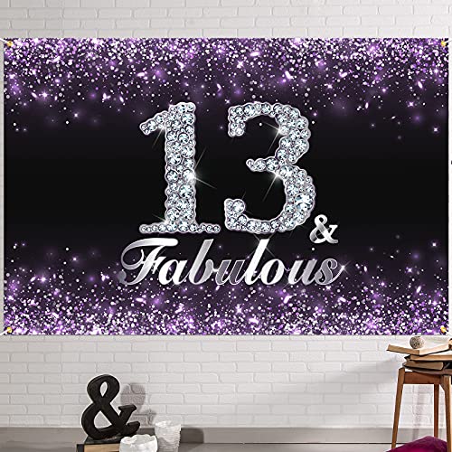 HAMIGAR 6x4ft Happy 13th Birthday Banner Backdrop - 13 & Fabulous Birthday Decorations Party Supplies for Girls - Purple