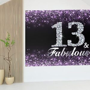 HAMIGAR 6x4ft Happy 13th Birthday Banner Backdrop - 13 & Fabulous Birthday Decorations Party Supplies for Girls - Purple