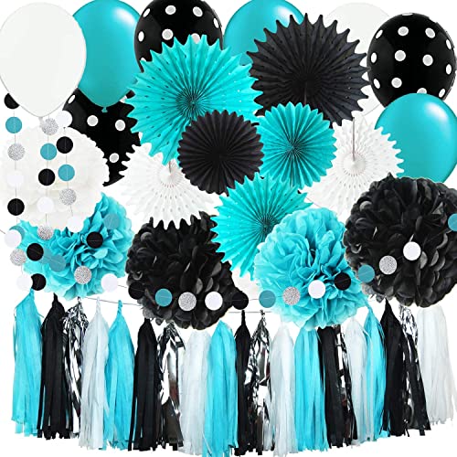 Graduation Decorations Turquoise Black 2023 Teal Birthday Decorations Women/Bridal Shower Decorations Turquoise Black Silver Decorations Black Polka Dot Balloons Little Man Birthday Party Decorations