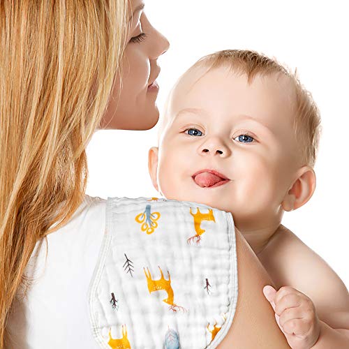 GROBRO7 5Pcs Baby Muslin Burp Cloths Burping Bids for Baby Cotton 6 Layers Extra Absorbent Machine Washable Soft Large Cartoon Face Towels Nursery Gift Gentle for Newborn Girls Boys 9x23inch