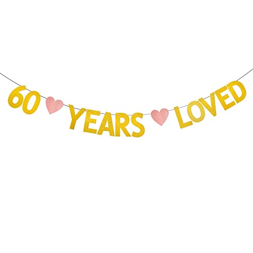 XIAOLUOLY Gold 60 YEARS LOVED Glitter Banner,Pre-Strung,60th Birthday / Wedding Anniversary Party Decorations Bunting Sign Backdrops,60 YEARS LOVED