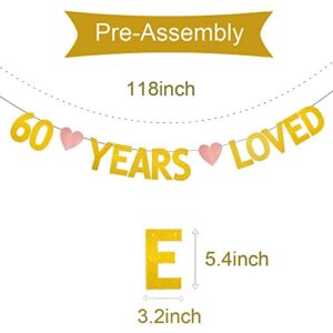 XIAOLUOLY Gold 60 YEARS LOVED Glitter Banner,Pre-Strung,60th Birthday / Wedding Anniversary Party Decorations Bunting Sign Backdrops,60 YEARS LOVED