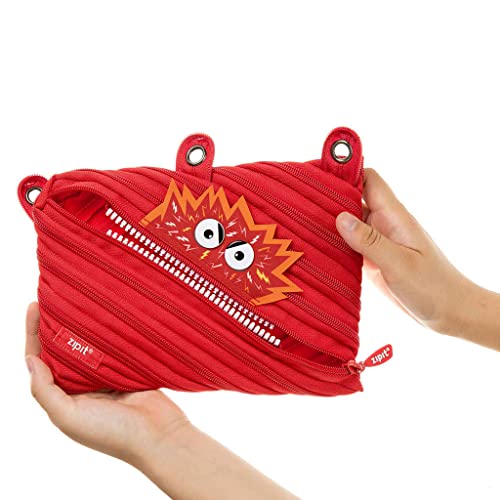 ZIPIT Monstar 3-Ring Binder Pencil Pouch, Large Capacity Pen Case for Kids, Made of One Long Zipper (Red)