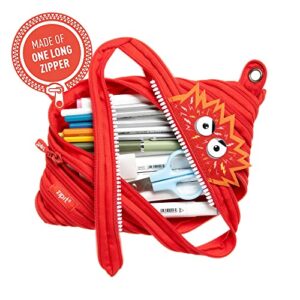 ZIPIT Monstar 3-Ring Binder Pencil Pouch, Large Capacity Pen Case for Kids, Made of One Long Zipper (Red)