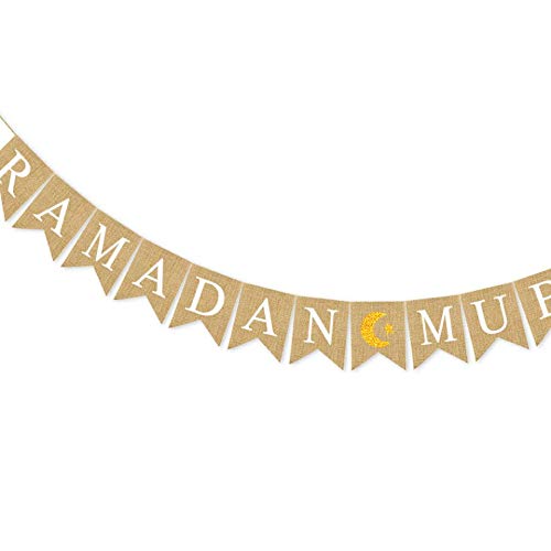 SWYOUN Burlap Ramadan Mubarak Banner Supplies with Glitter Moon and Star Signs Mantel Fireplace Decoration