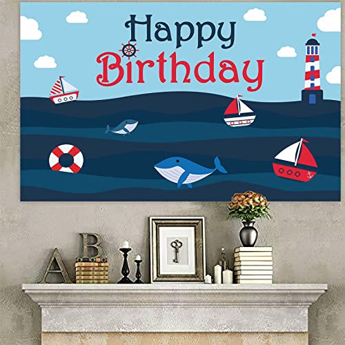 Nautical Happy Birthday Banner Backdrop Whale Sailboat Ocean Sailing Theme Decorations Decor for 1st Birthday Party Baby Shower Retirement Supplies Favors Photo Booth Props Background