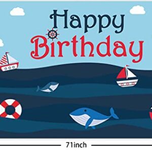 Nautical Happy Birthday Banner Backdrop Whale Sailboat Ocean Sailing Theme Decorations Decor for 1st Birthday Party Baby Shower Retirement Supplies Favors Photo Booth Props Background