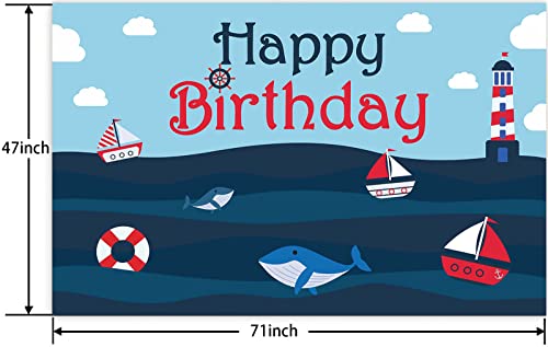 Nautical Happy Birthday Banner Backdrop Whale Sailboat Ocean Sailing Theme Decorations Decor for 1st Birthday Party Baby Shower Retirement Supplies Favors Photo Booth Props Background