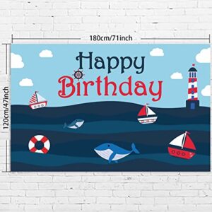 Nautical Happy Birthday Banner Backdrop Whale Sailboat Ocean Sailing Theme Decorations Decor for 1st Birthday Party Baby Shower Retirement Supplies Favors Photo Booth Props Background