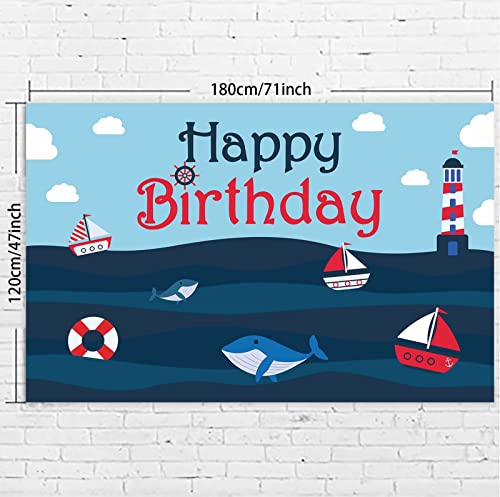 Nautical Happy Birthday Banner Backdrop Whale Sailboat Ocean Sailing Theme Decorations Decor for 1st Birthday Party Baby Shower Retirement Supplies Favors Photo Booth Props Background