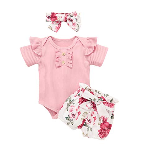 Chyrbaby Infant Baby Girl Clothes Newborn Girls Outfit Ruffle Romper Ribbed Bodysuit Floral Pants Set With Headband…