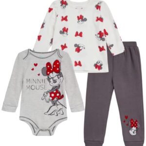 Disney Baby Girls' Jogger Set - 3 Piece Bodysuit, Long Sleeve Shirt Fleece Pant Set: Minnie Mouse, Winnie the Pooh (0-4T), Size 3T, Minnie Red/Charcoal