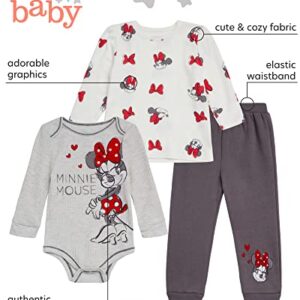 Disney Baby Girls' Jogger Set - 3 Piece Bodysuit, Long Sleeve Shirt Fleece Pant Set: Minnie Mouse, Winnie the Pooh (0-4T), Size 3T, Minnie Red/Charcoal