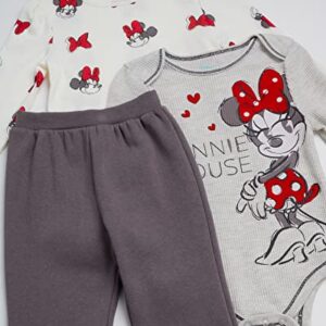 Disney Baby Girls' Jogger Set - 3 Piece Bodysuit, Long Sleeve Shirt Fleece Pant Set: Minnie Mouse, Winnie the Pooh (0-4T), Size 3T, Minnie Red/Charcoal