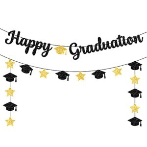 glitter, happy graduation banner – 10 feet cap garland, no diy | graduation banner black, gold for graduation party decorations 2023 | black and gold graduation decorations, class of 2023 decorations