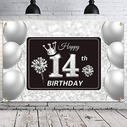 PAKBOOM Happy 14th Birthday Backdrop Banner - 14 Birthday Party Decorations Supplies for Boys Girls - Silver 3.9 x 5.9ft