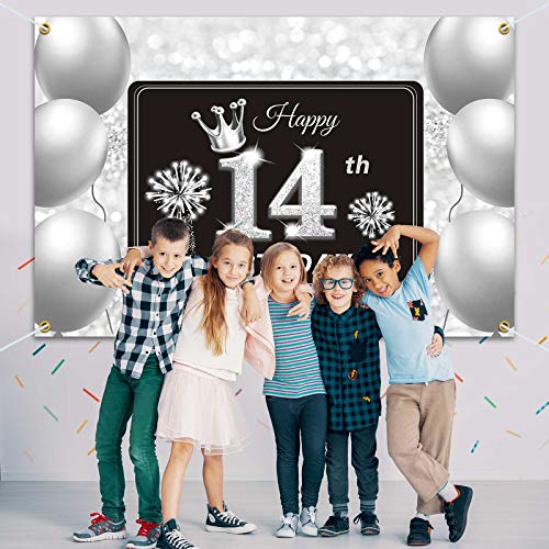 PAKBOOM Happy 14th Birthday Backdrop Banner - 14 Birthday Party Decorations Supplies for Boys Girls - Silver 3.9 x 5.9ft