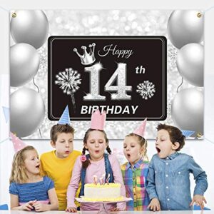 PAKBOOM Happy 14th Birthday Backdrop Banner - 14 Birthday Party Decorations Supplies for Boys Girls - Silver 3.9 x 5.9ft