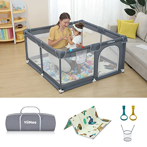 YiiMee Baby Playpen, 47×47 inch with Mat, Play Pens for Babies and Toddlers, Play Yard for Babies, Kids Play Pen for Outdoor & House, Anti-Fall Playyard, Grey