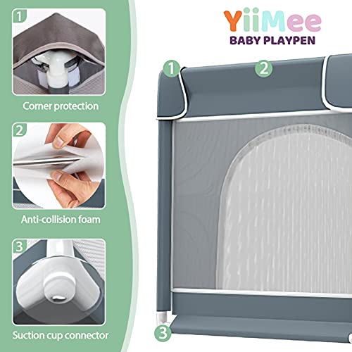 YiiMee Baby Playpen, 47×47 inch with Mat, Play Pens for Babies and Toddlers, Play Yard for Babies, Kids Play Pen for Outdoor & House, Anti-Fall Playyard, Grey